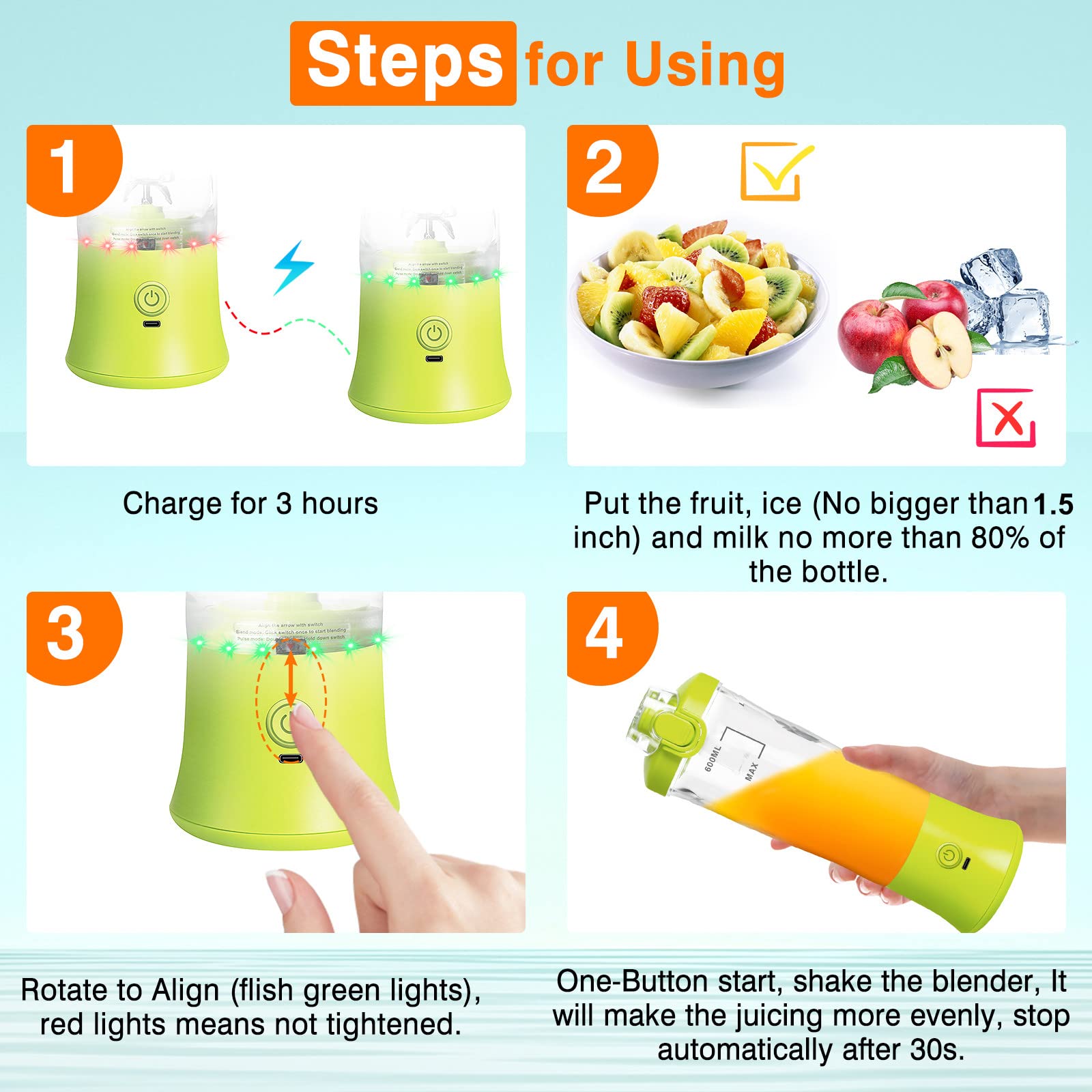 20oz Portable Blender, Personal Size Blender Smoothies and Shakes With 6 Blades, USB Rechargeable Blender Fruit Juicer with 2 Mixing Modes & LED Light, With for Kitchen Outdoor Gym Office (Yellow)