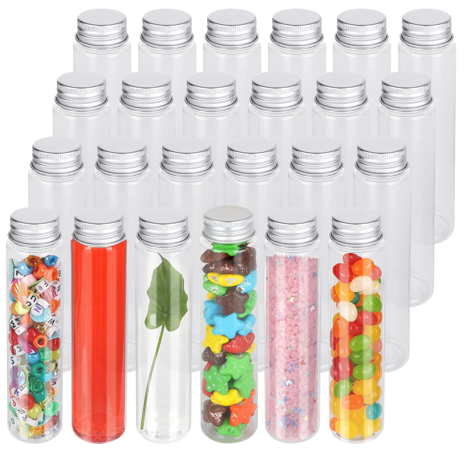 Acrux7 40 pcs Clear Flat Plastic Test Tube with Screw Caps 110ml - Flat-Bottomed Transparent Test Tube for Bath Salt Candy Storage (151 x 34 mm)