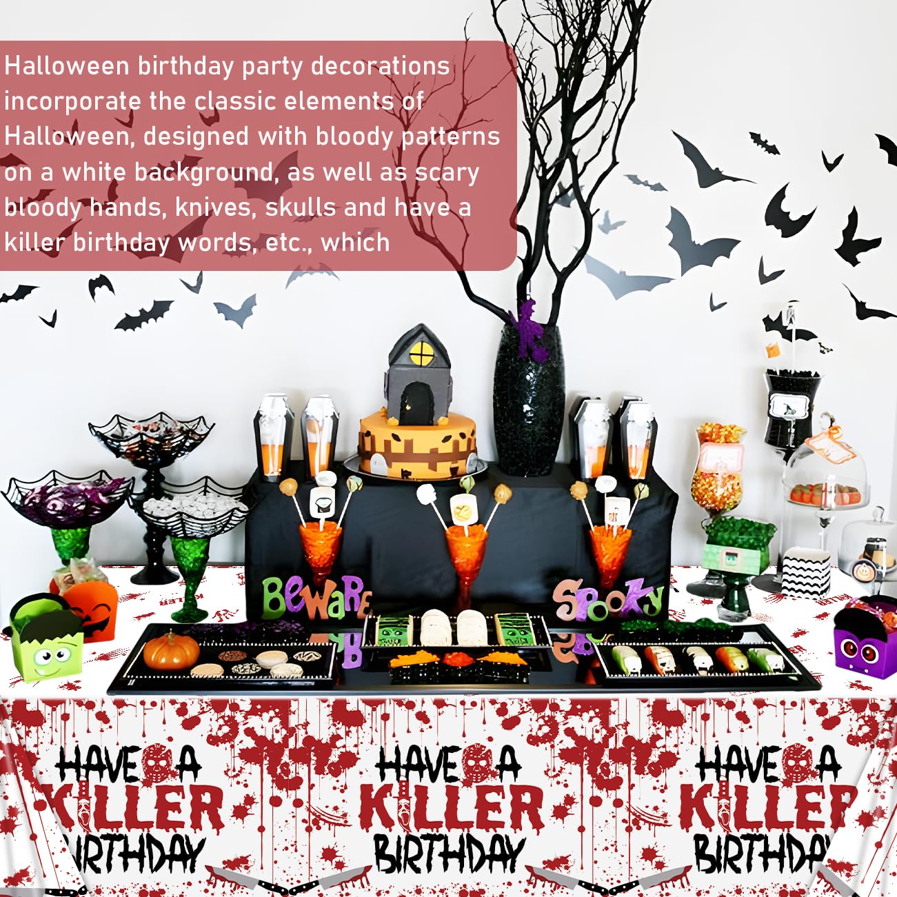 3PCS Halloween Birthday Party Decorations Halloween Birthday Tablecloths Have a Killer Birthday Table Cover Rectangular Plastic Scary Bloody Hand Table Cloth for Halloween Birthday Party Supplies
