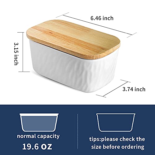 KOOV Porcelain Large Butter Dish with Lid for Countertop, Airtight Butter Container with Oak Lid, Butter Crock, Perfect for 2 Sticks of Butter, Texture Series (White)