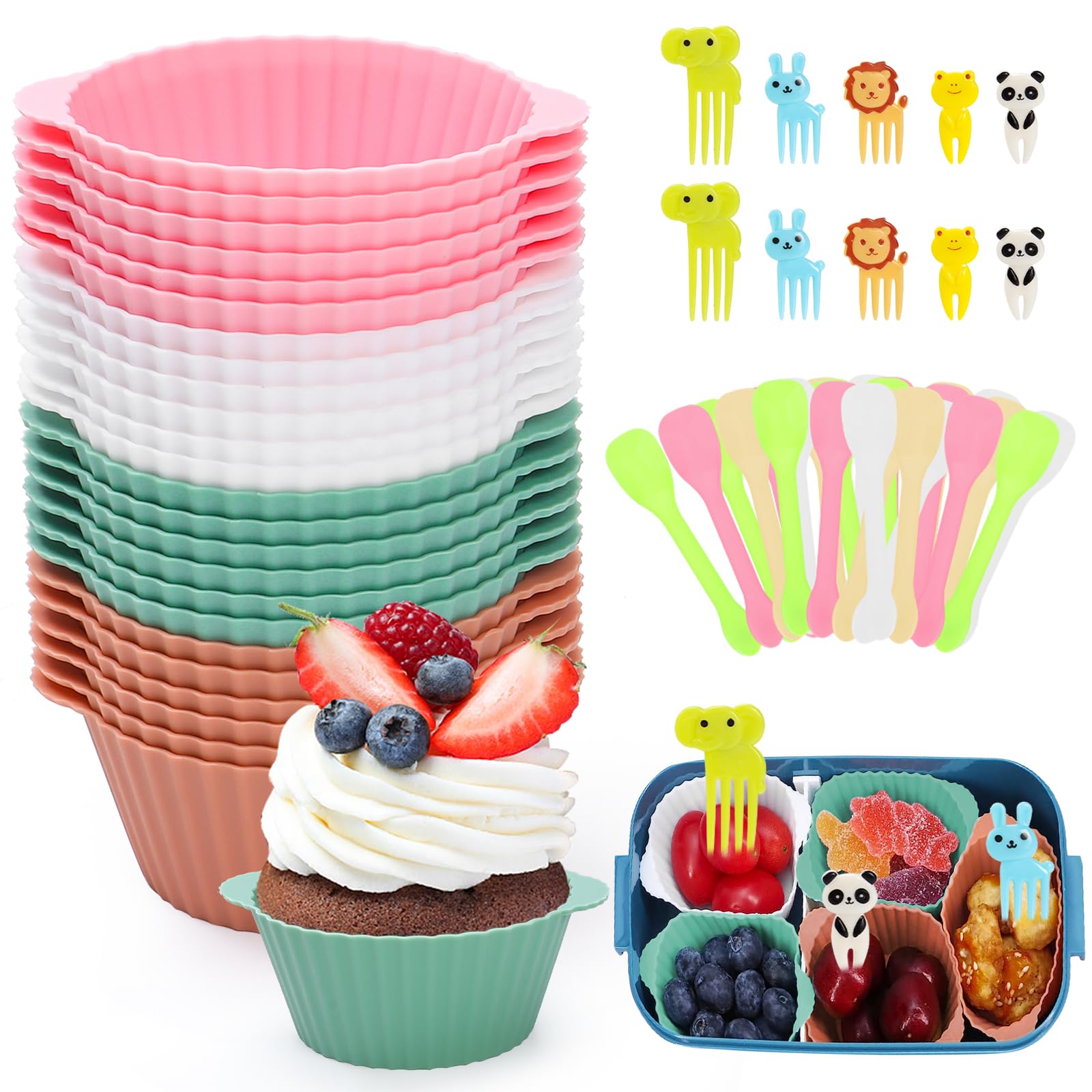 24Pcs Silicone Lunch Box Dividers Bento Box Accessories Silicone Cupcake Liners, Reusable Round Baking Cups Silicone Muffin Liners with 10pcs Food Picks and 24pcs Spoon