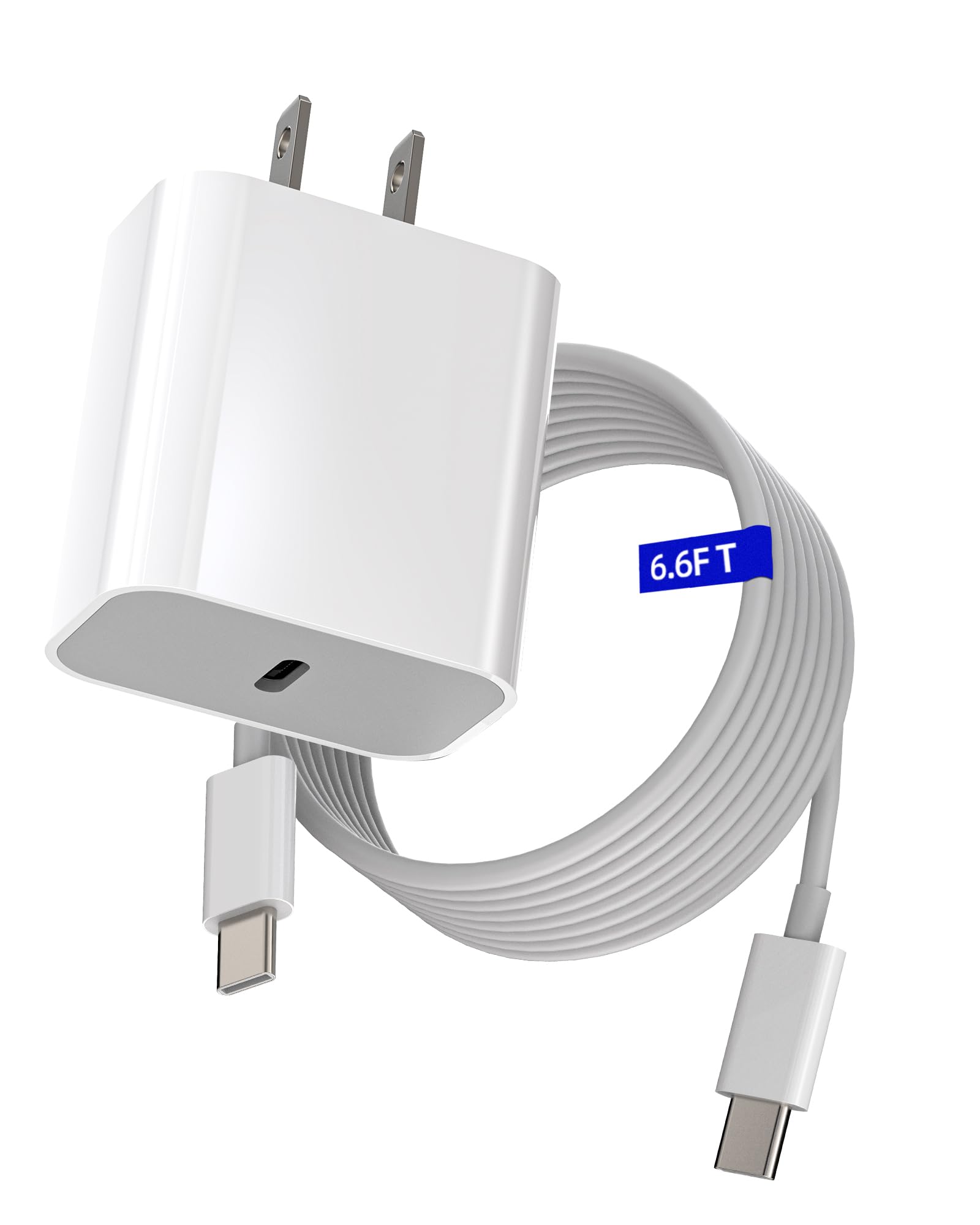 20W iPhone 15 Pro Max Plus Wall Charger Block Long 6.6 ft Cord USBC Fast Charging Brick Cell Phone USB C Cable Power Adapter for ipad 10 Air Mini 6 Pro 12.9 Type C Plug Charge Box Accessories