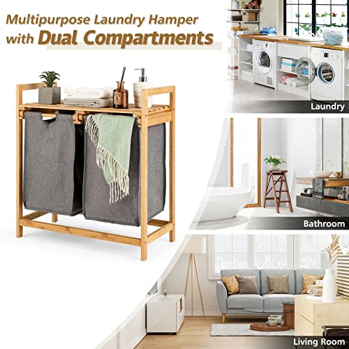 Bamboo Laundry Hamper with Dual Compartments Laundry Sorter and Sliding Bagswith Removable Sliding Bags & Shelf β Wooden Bamboo Laundry Organizer Cabinet for Bathroom (HOOYA1297)