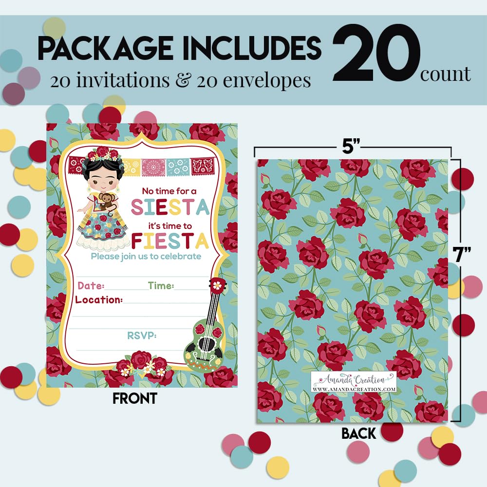 Amanda Creation Frida Fiesta Themed Birthday Party Invitations, 20 5x7 Fill In Cards with Twenty White Envelopes