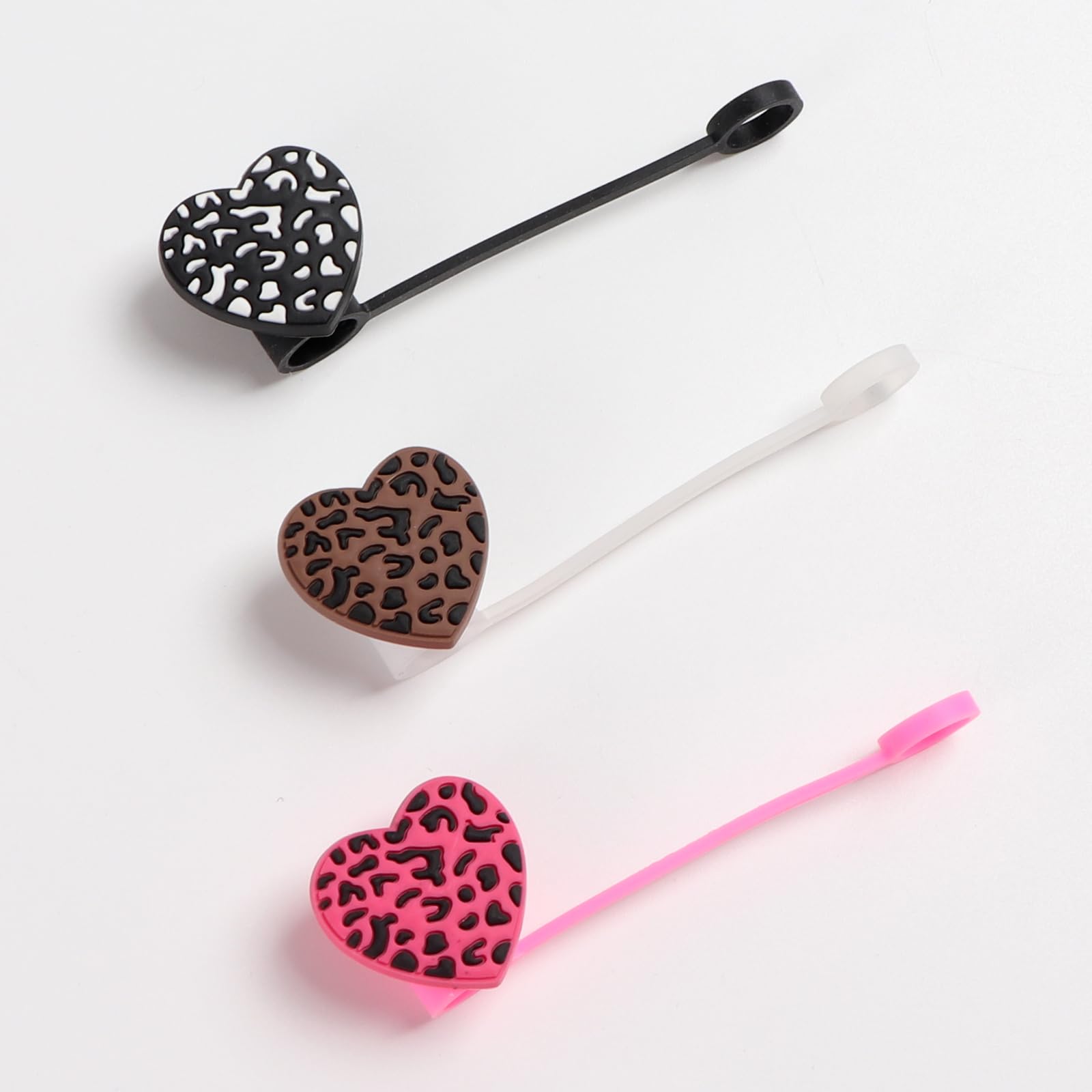 3Pcs Leopard Print Heart Silicone Straw Cover Cap for Stanley 40oz & 30oz Tumbler, 10mm Reusable Cute Drinking Straw Topper Accessories
