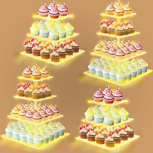 4 Pcs Square Acrylic Cupcake Stand, 4 Tier Cupcake Holder and 3 Tier Cupcake Tower with Yellow LED Light String Cupcake Pastry Display Stand for Wedding Birthday Candy Bar Decor