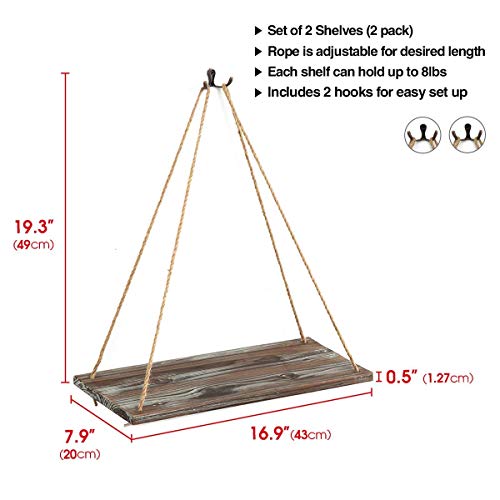 J JACKCUBE DESIGN Hanging Shelves Wall Plant Shelf Floating Shelves with Rope for Bedroom Bathroom Living Room Farmhouse Boho Room Decor, Triangle Rope Rustic Wood Display Shelf(Set of 2) - MK555AA