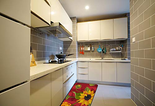 Kuizee Kitchen Rug Kitchen Mat Sunflower Floral Red Stripes Bathroom Rug Hallway Entry Rugs Non Slip Soft Water Absorbent 39×20 Inch