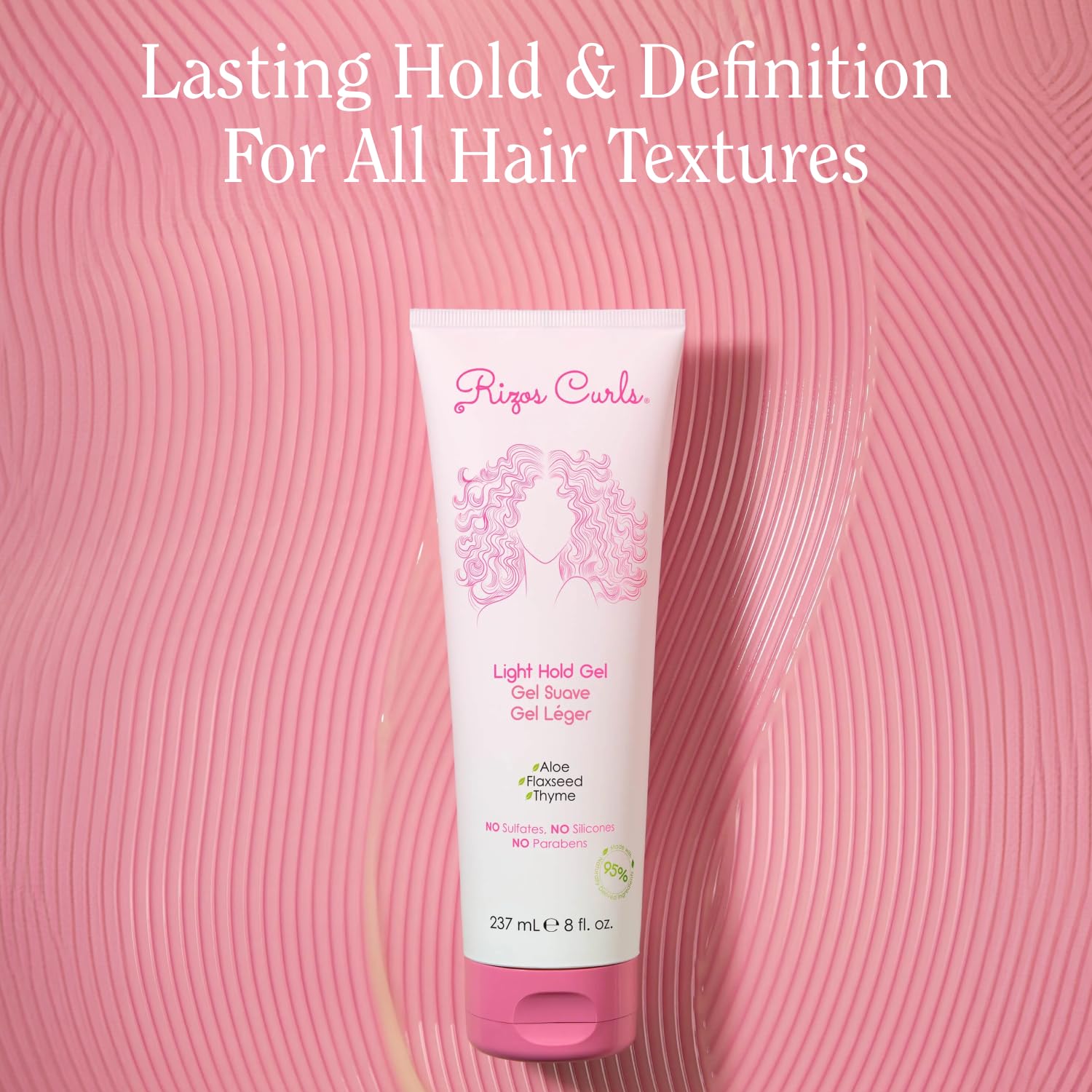 Rizos Curls Light Hold Gel, Defines with Flexible Hold, Flake-Free and Frizz-Free Voluminous Curls, Moisturize with Aloe Vera & Flaxseed, For All Curl Patterns 2a - 4c, 8 oz (Package May Vary)