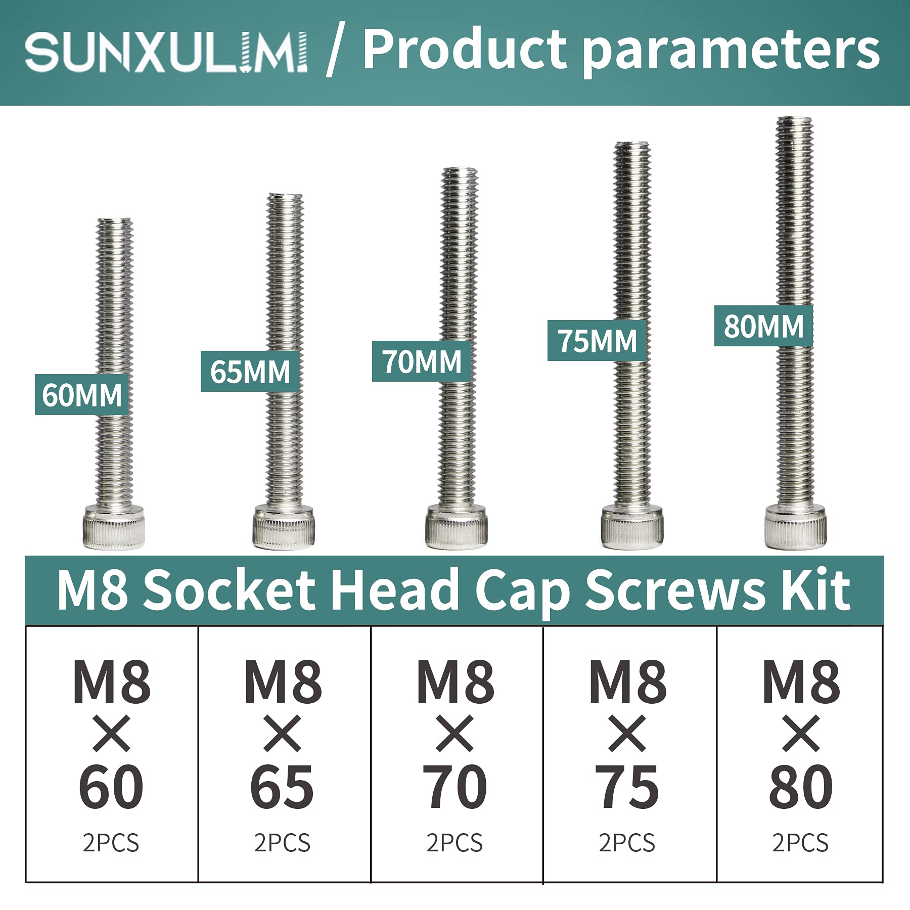 M8 x 60mm 65mm 70mm 75mm 80mm Hex Socket Head Cap Screws Bolts, 304 Stainless Steel, Bright Finish, Fully Threaded, Metric Allen Hex Drive, Assortment Kit 10PCS