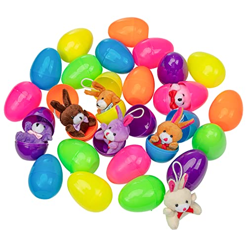 24 Pcs Filled Easter Eggs with Plush Bunny,Colorful Easter Eggs Prefilled with Plush Bunnies,Plush Animals Stuffed Toy for Kids Toddlers Easter Egg Hunt,Easter Basket Stuffers and Easter Party Favors