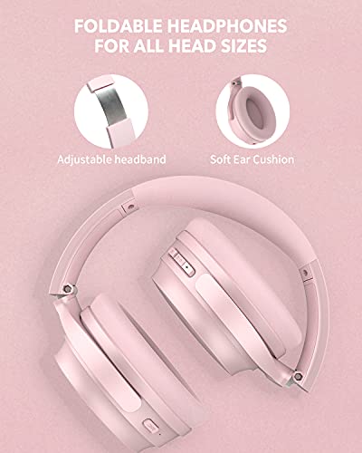 HROEENOI Active Noise Cancelling Wireless Bluetooth Over-Ear Headphones, Memory Foam Ear Cups, Quick Charge for 40H Playtime, Ideal for Travel, Home Office, Gym Workouts -Pink