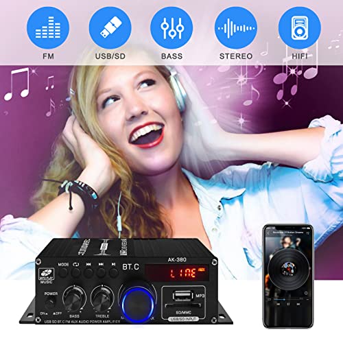 AK-380 USB SD BT.C FM AUX Audio Power Amplifier 400W+400W 2.0 CH HiFi Stereo AMP Speaker Bluetooth 5.0 Amp Receiver with 12V 5A Power Supply,Remote Control,FM Antenna for Car Home Bar Party