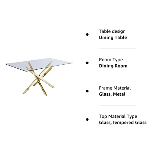 Meridian Furniture Xander Collection Modern | Contemporary Tempered Glass Top Dining Table with Durable Metal Base, 60" W x 36" D x 30" H, Gold Finish