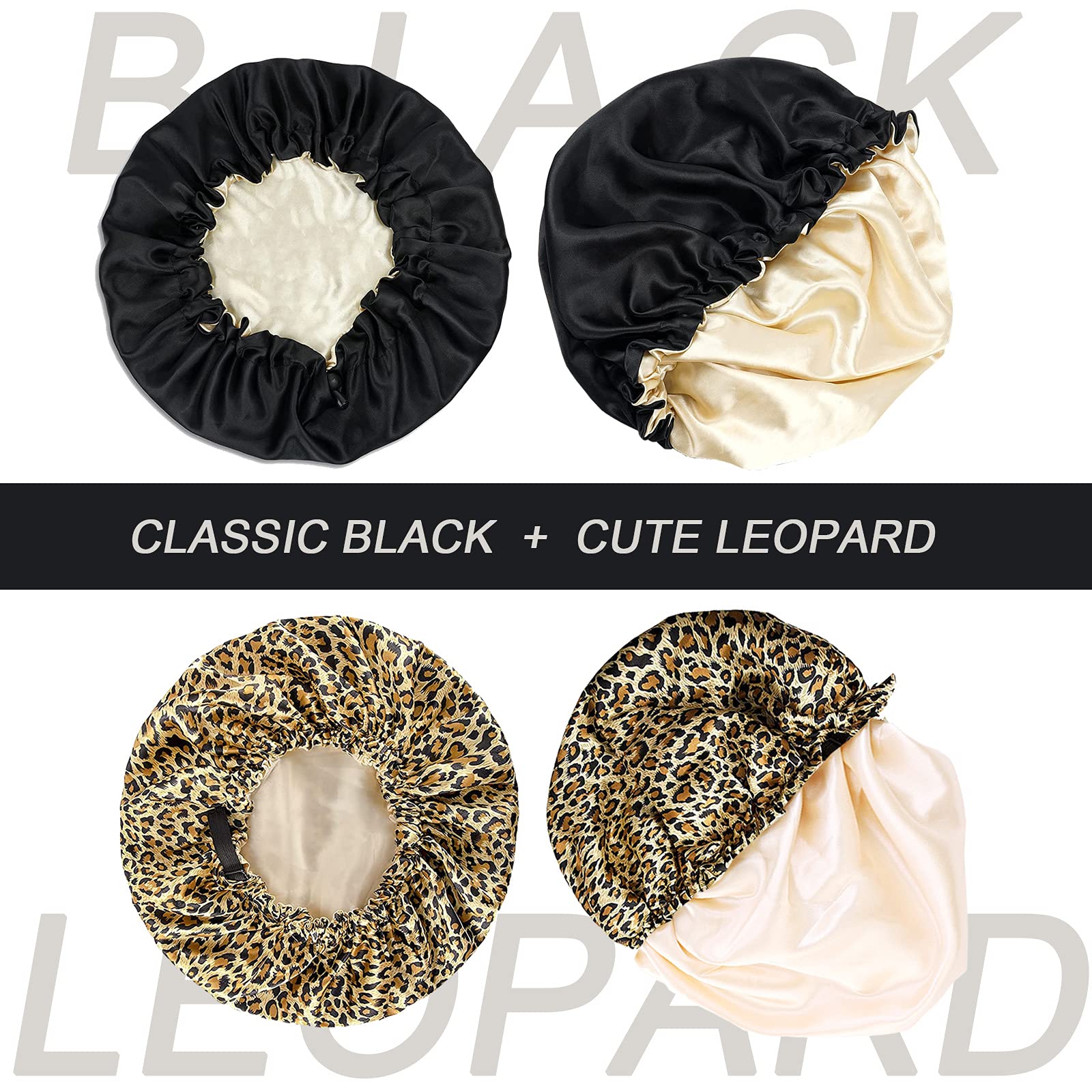 2-Pack Satin Bonnet Silk Bonnet Hair Bonnet for Sleeping Satin Bonnet for Hair Bonnets for Women Silk Bonnet(Black & Leopard)