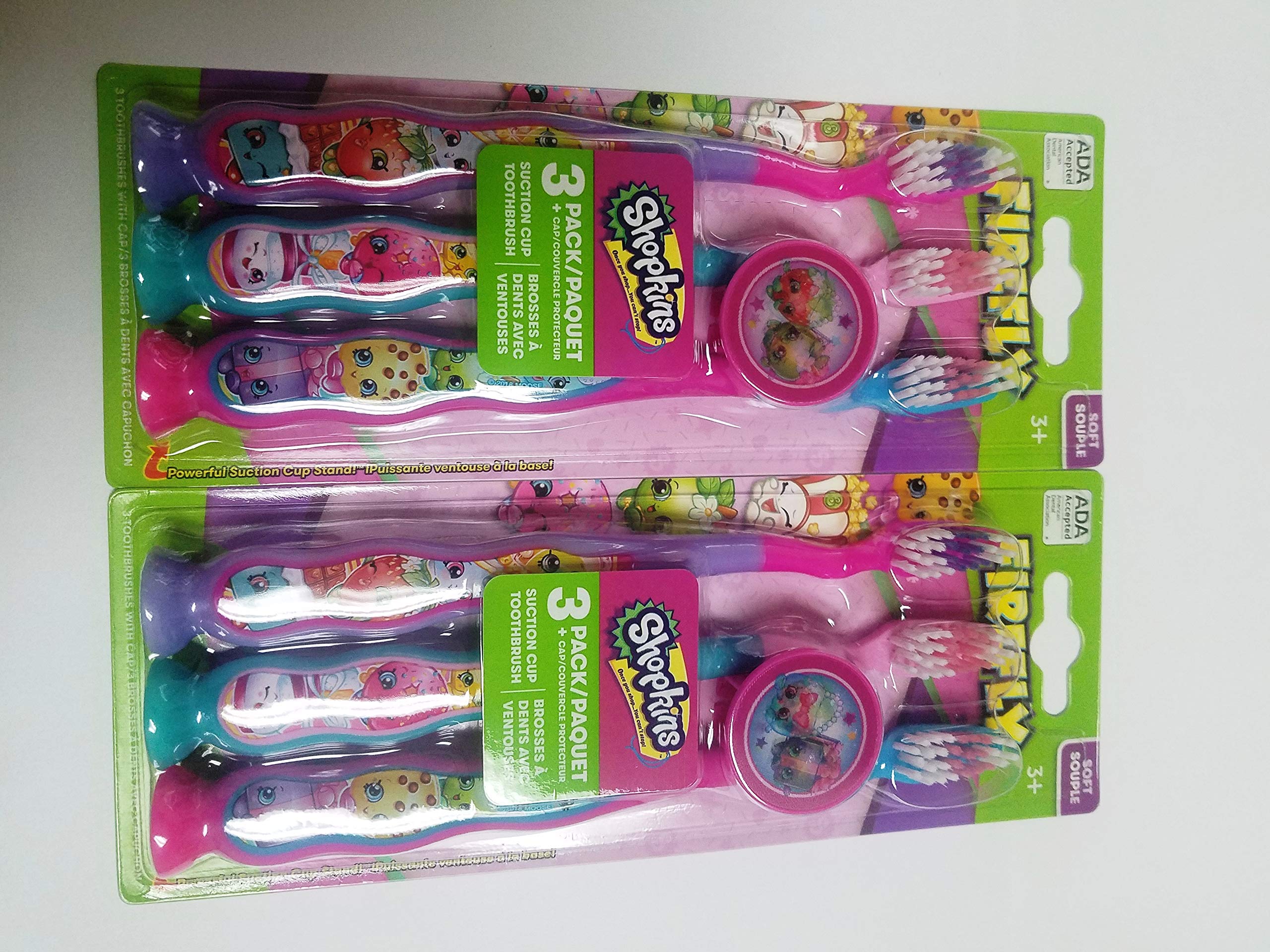 Firefly Kids Soft Toothbrush with suction cup 3 count + 1 cap, Assorted characters, Pack of 2
