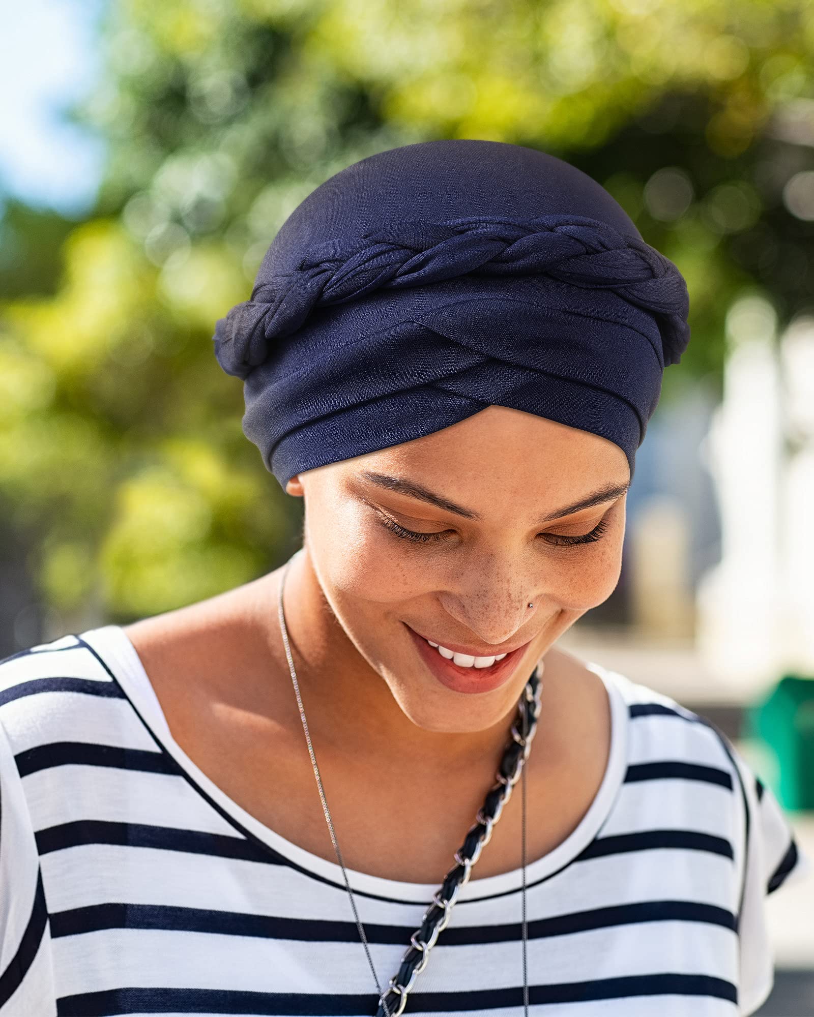 4 Pieces African Women Turban Cap Head Wraps Beaded Headscarf Beanie Wrap (Black, White, Navy, Ginger,Fresh Style)