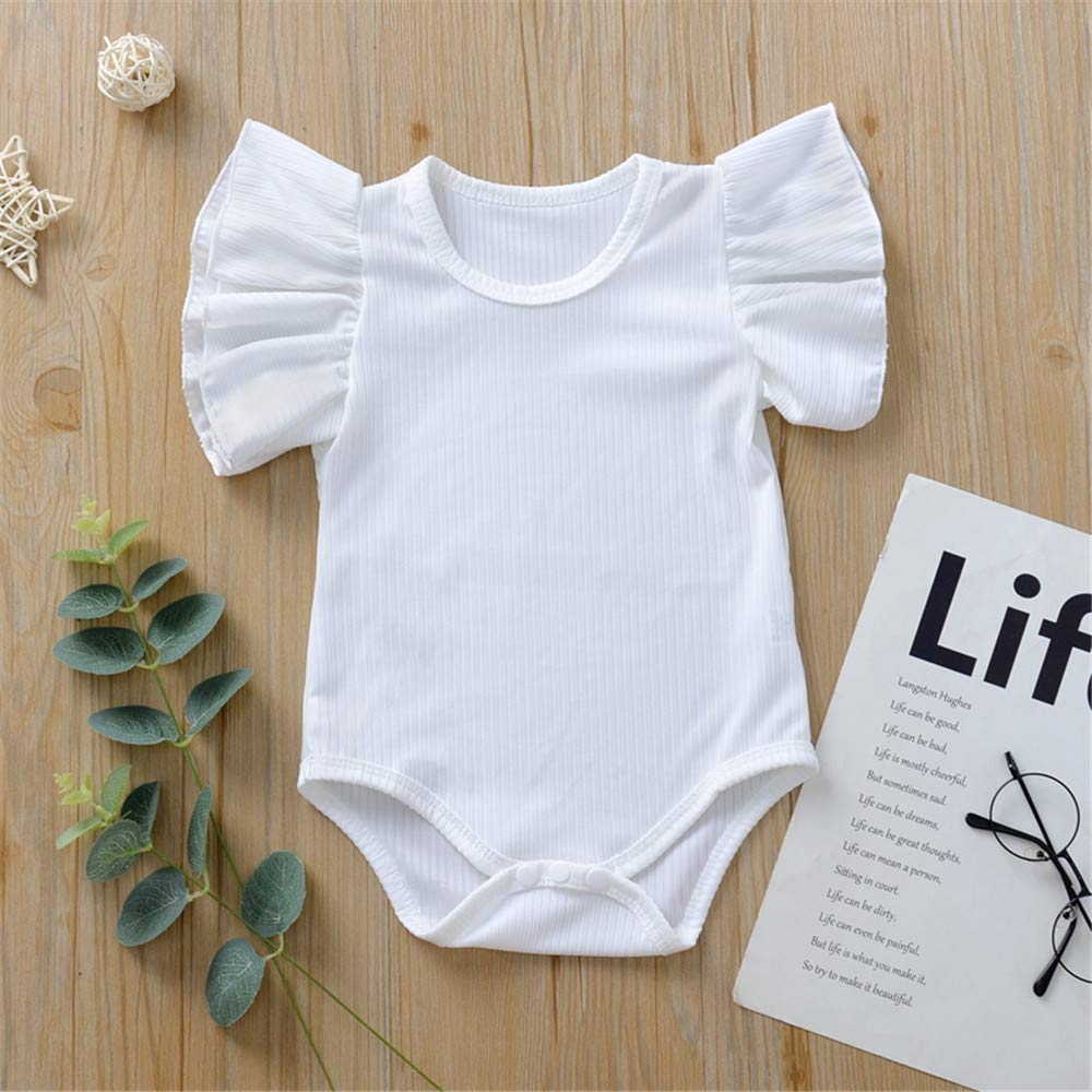 iddolaka Newborn Infant Baby Girl Solid Ruffle Romper Bodysuit Jumpsuit Casual Clothes One Piece Outfit (White, 6-12M)