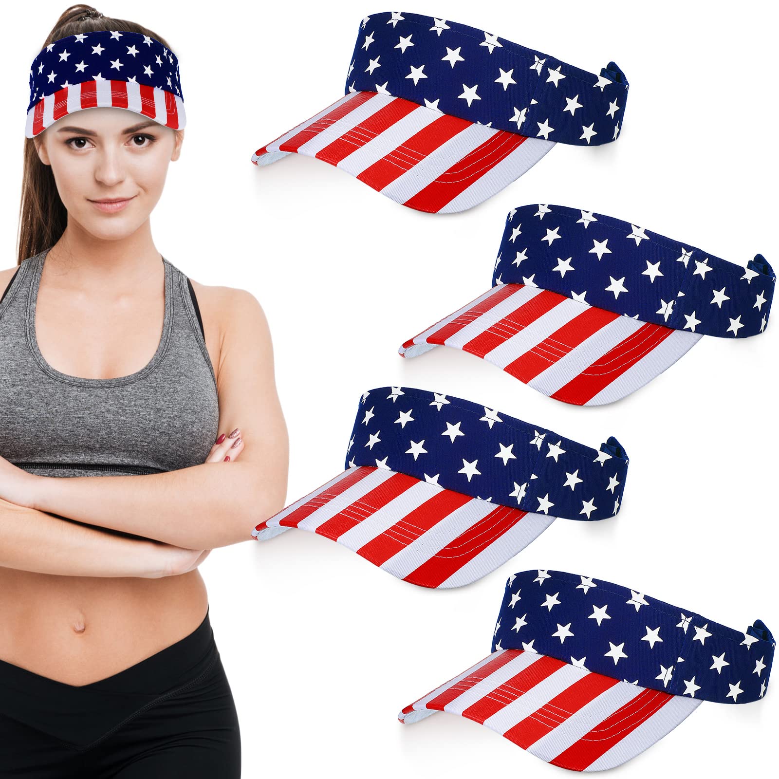 4 Pieces American USA Flag Visor Patriotic Visor Star Stripe Sun Visor Hat Adjustable Printed Twill Sun Protection Hat for Men Women