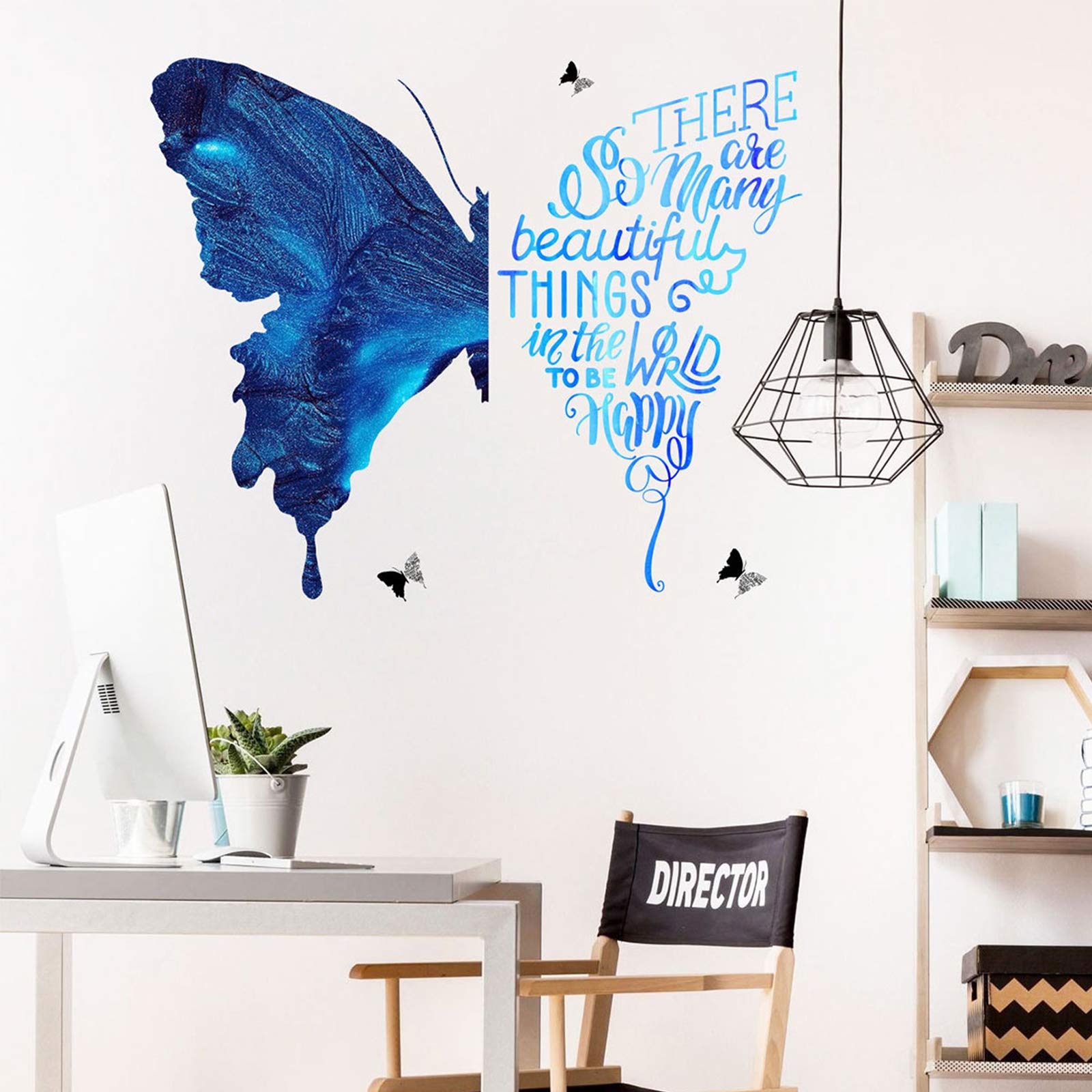 LQANG Big Blue Butterfly Wall Stickers to Be Happy Inspirational Quotes Window Decals Decorations Murals Wall Art Decorative Sticker for Cute Party Decor Supplies