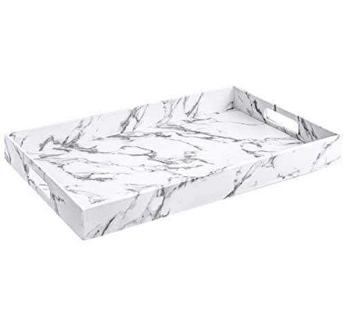 Home Redefined 18”x12” White Marble Faux Leather Decorative Serving Tray with Handles