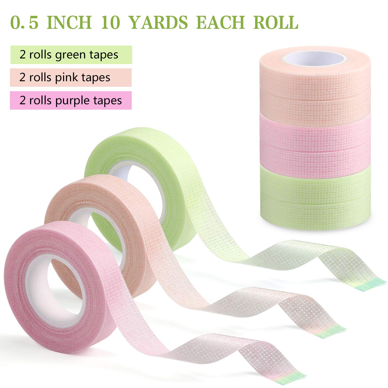 Maitys 6 Roll Lash Tape for Eyelash Extensions with Eyelash Tape Dispenser Cutter Breathable Adhesive Fabric Tape for Eyelash Extension Supplies 0.5 Inch Wide 10 Yard Long (Green, Pink, Purple)