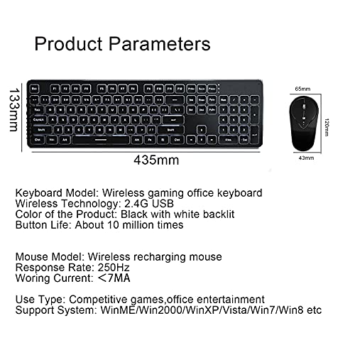Rechargeable 2.4G Wireless Keyboard and Mouse Combo, Luminous Mute Keyboard Mouse for Office Gaming Laptop PC Home Use (Black with White Light)