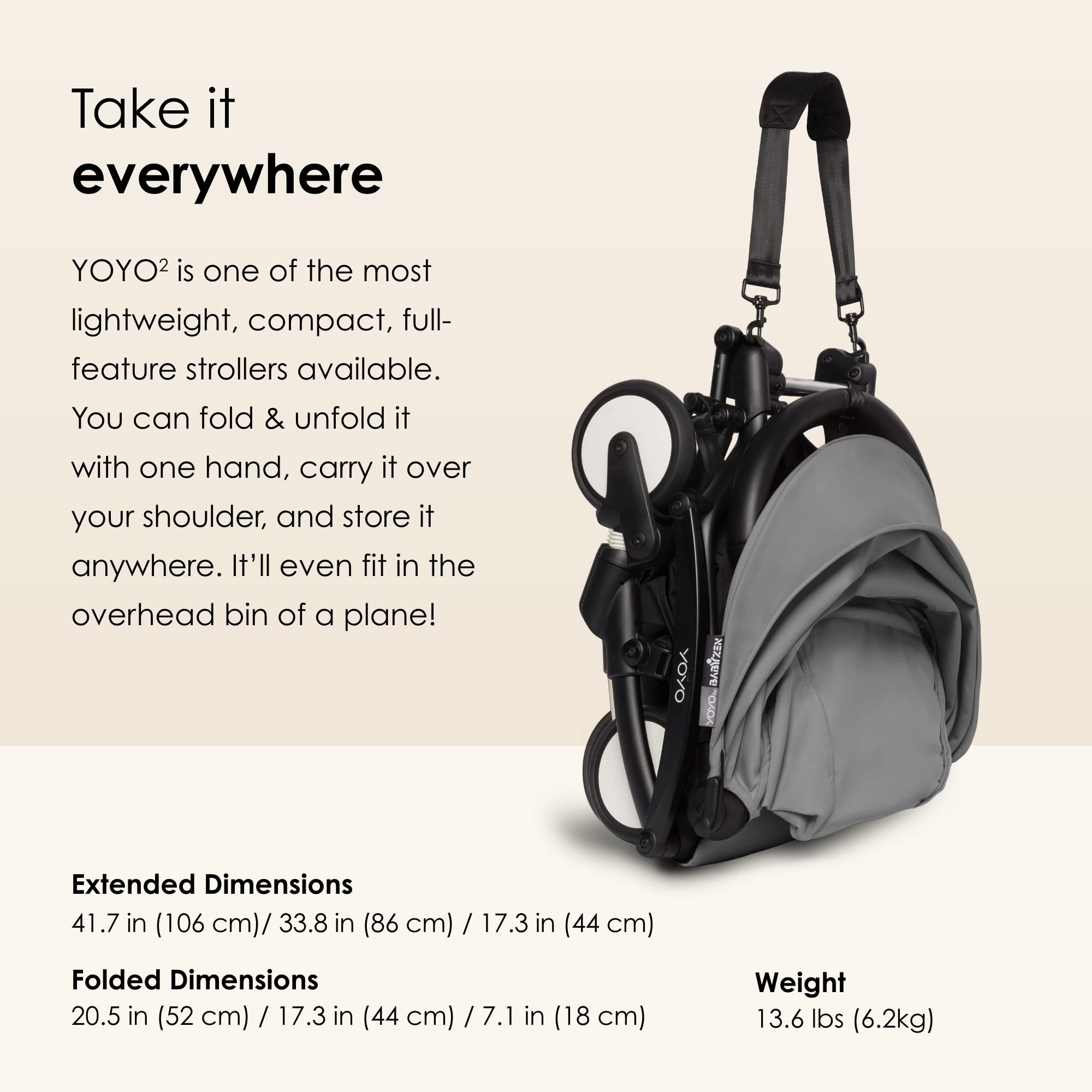 BABYZEN YOYO2 Stroller + YOYO Bag - Includes Black Frame, Grey Seat Cushion, Grey Canopy, Grey YOYO Bag, Wheel Base & Hooks - Suitable for Children Up to 48.5 Lbs
