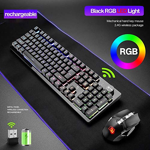 Rechargeable Gaming Keyboard Mouse Combo,2.4G Wireless,16 Kinds of RGB LED Backlit,Mechanical Feeling Keyboards with Knob Control,2400dpi Ergonomic Mouse with 7 Color Breathing LED Light (Black RGB)