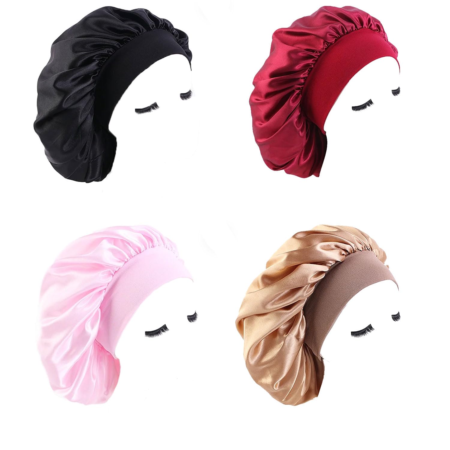 4Pcs Silk Bonnet Satin Bonnet,Hair Bonnets for Sleeping Long Hair Silk Hair Warp for Women Soft Wide Band Night Sleep Cap for Girls Kids