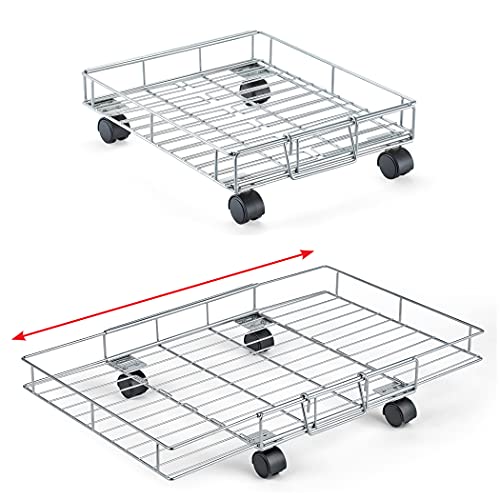 Collections Etc Flat Rolling Floor Shelf Metal Storage Cart - Expandable to 24" W - Slim Cart Holds Up to 22 Lbs. on 4 Caster Style Wheels, Fits Under Beds, Desks or Shelving