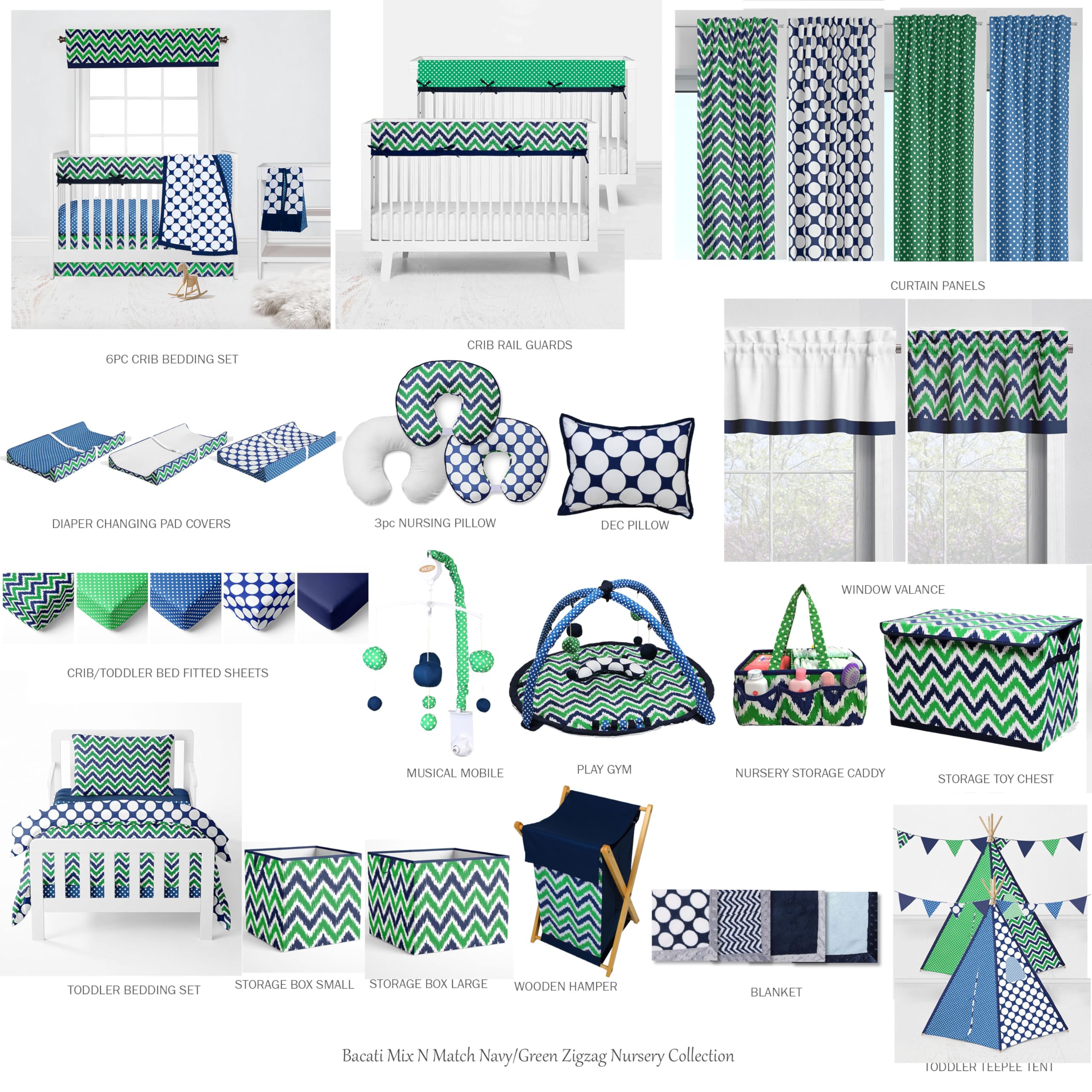 Bacati - 2 Pack Crib Fitted Sheets - Mix and Match Ikat Zigzag Chevron Soft Breathable 100% Cotton Percale Baby Sheets - Fits Standard 28 x 52 X 5 inches Crib & Toddler Mattresses(Navy Green)