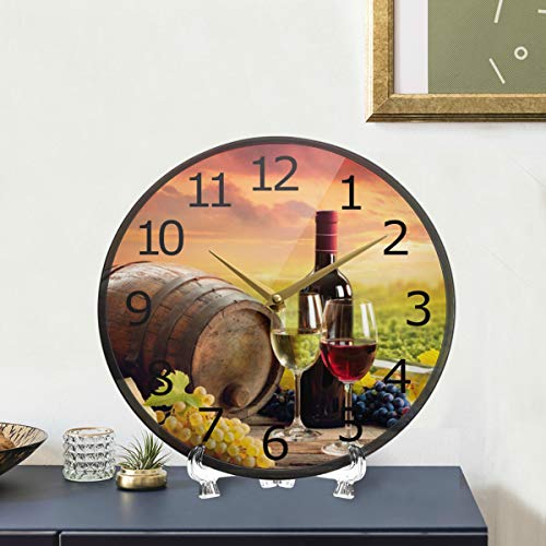 ALAZA Barrel Wineglasses Cheese Bottle Vineyard Sunset Acrylic Painted Silent Non-Ticking Round Wall Clock, 12 Inch Battery Operated Quiet Bathroom Clock for Living Room Bedroom Kitchen Office Decor