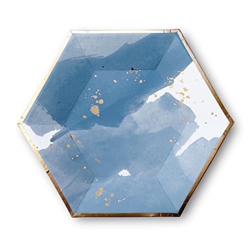 Harlow & Grey Malibu Watercolor Small Party Plates Set, 8 Ct Pack, 8” Elegant Disposable Paper Dinnerware Supplies for Birthday, Wedding, Shower, Anniversary, Engagement, Holiday, Blue & Gold