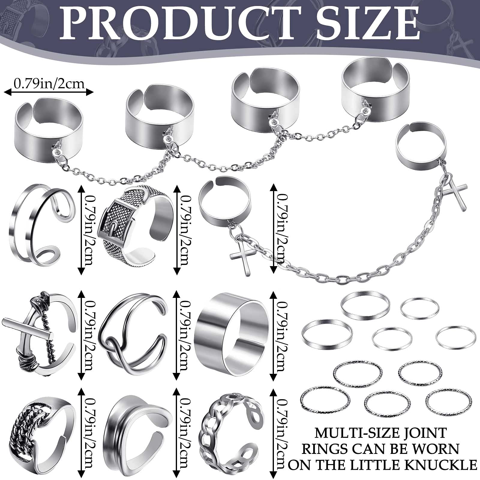 20 Pieces Vintage Silver Punk Chain Finger Rings Adjustable Stackable Vintage Ring Gothic Knuckle Ring Silver Punk Open Rings for Women Men