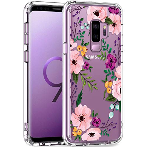 LUHOURI Samsung Galaxy S9 Plus Case Clear with Design for Girls Women,Shockproof Hard PC Cover and Soft TPU Bumper Slim Fit Protective Phone Case for Galaxy S9+ Plus 6.2 inch Purple Blossoms