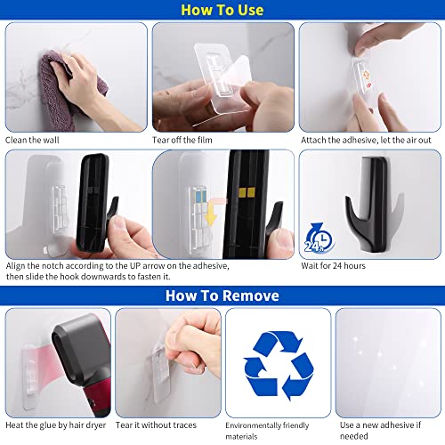 ALOCEO Towel Hooks 9 Pack for Bathroom with 12 Adhesive Strips Shower Waterproof Sticky Hooks Black Plastic Hooks for Keys Outdoor Kitchen Door