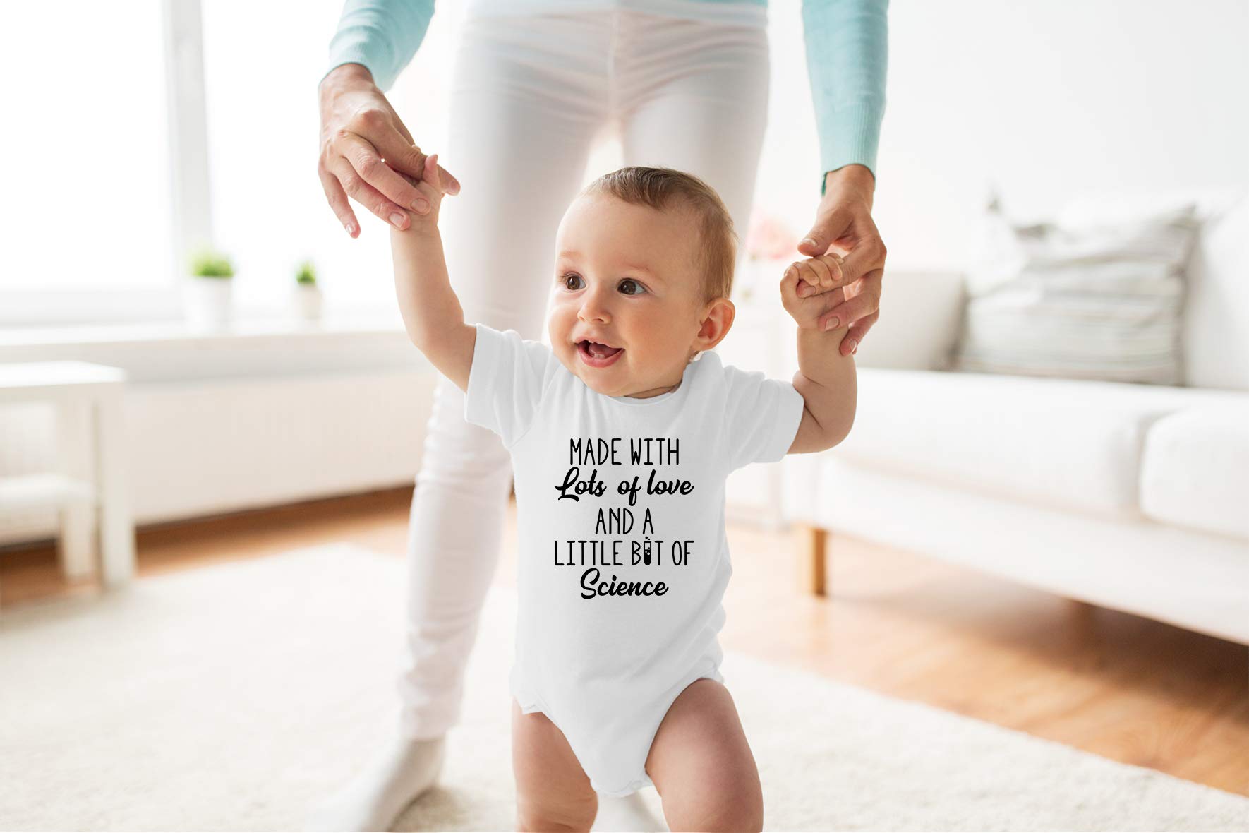 Made With Lots Of Love And A Little Bit Of Science - Funny Baby Essentials Bodysuit Romper (Newborn, White)