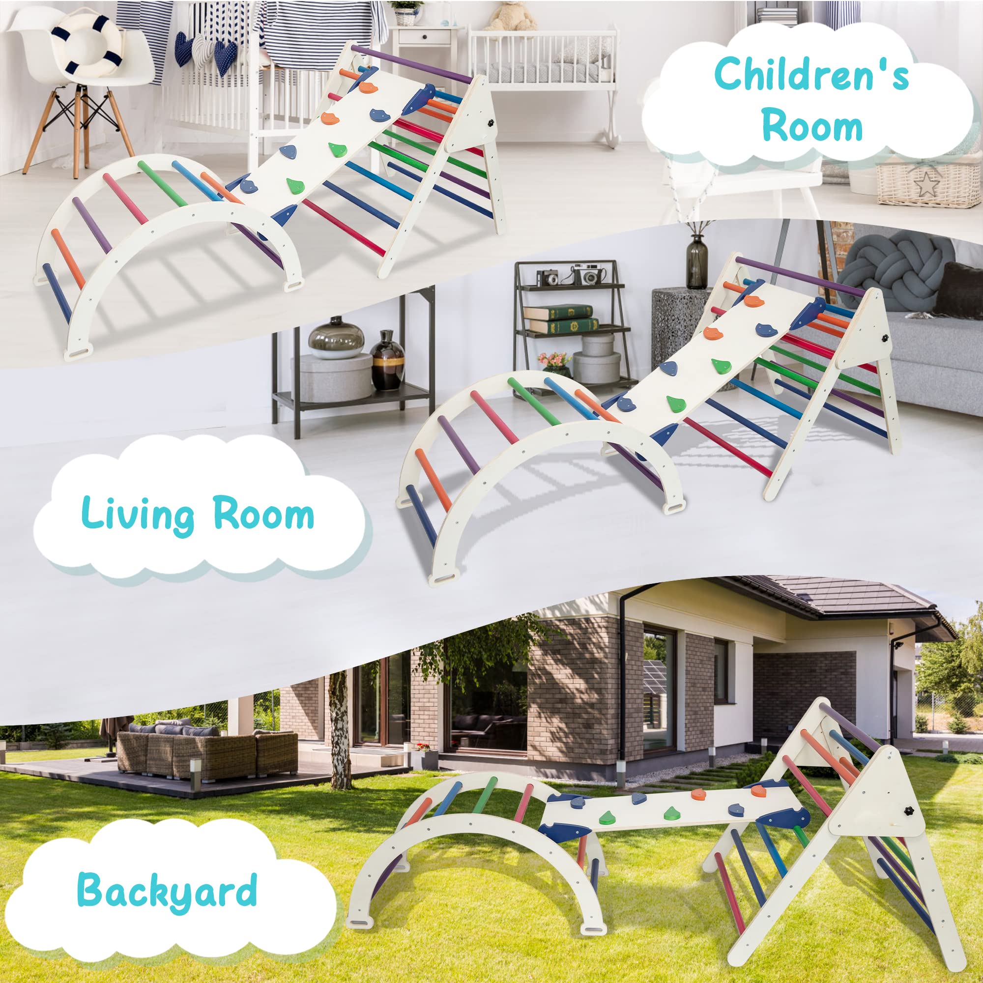 3 in 1 Foldable Triangle Ladder, Pikler Triangle Climber with Ramp, Sturdy Wooden Toddler Climbing Toys for Toddlers 1-3. with Climbing Triangle/Arch/ramp.Multicolourā¦