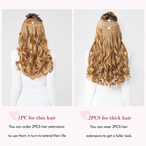 REECHO Invisible Wire Hair Extensions with Transparent Headband Adjustable Size Removable Secure Clips in Curly Wavy Secret Hairpiece for Women 20 Inch - Dark Chocolate Brown with Golden blonde mixed