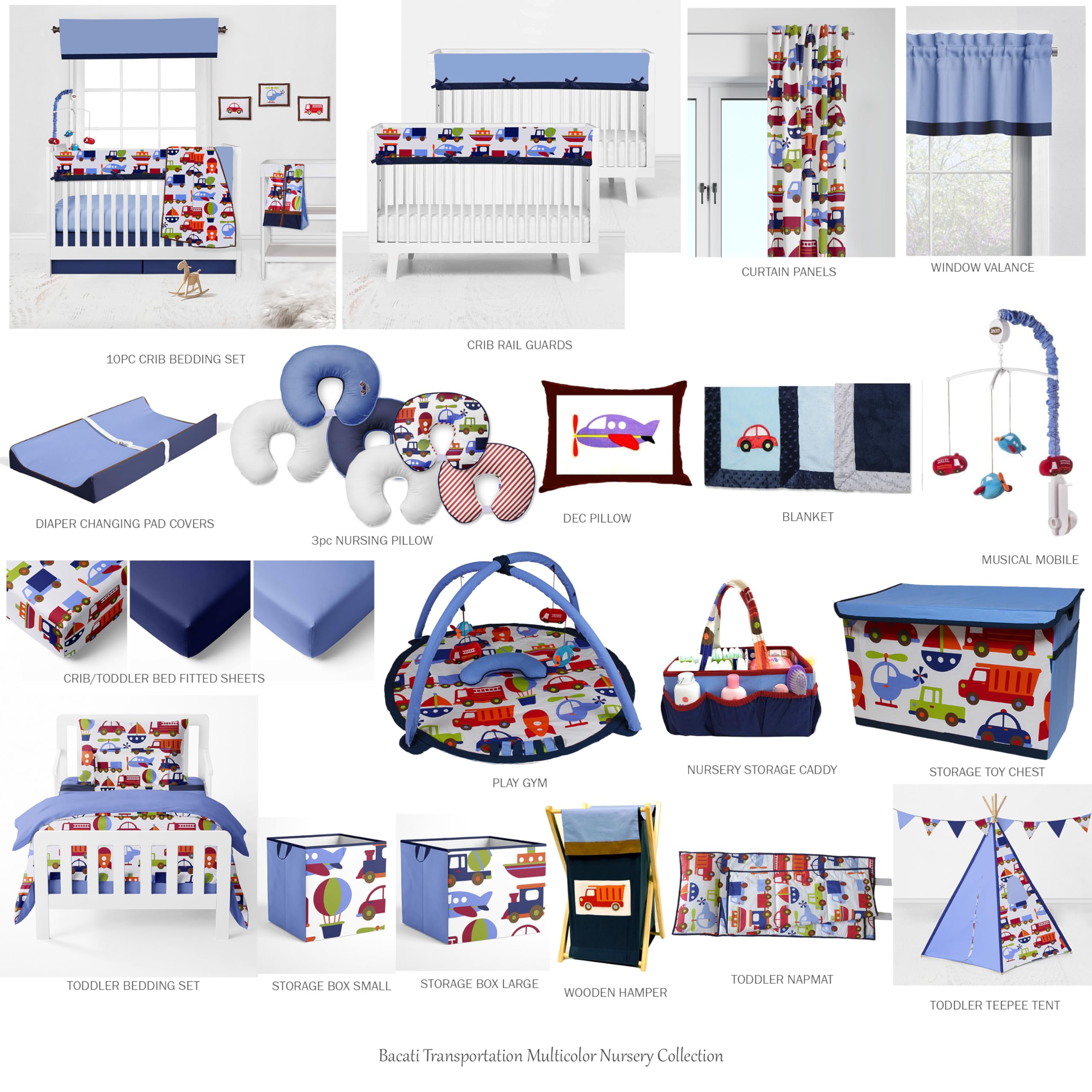 Bacati - Transportation Blue 4 Piece Boys Toddler Bedding Set 100 Percent Cotton Includes Reversible Comforter, Fitted Sheet, Top Sheet, and Pillow Case for Boys