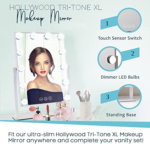 Impressions Vanity Hollywood Tri-Tone XL Makeup Mirror with 12 LED Bulbs, Dressing Mirror with 360 Degree Swivel (White)