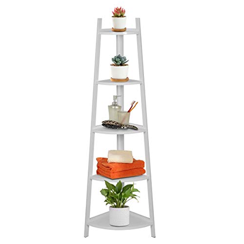 Magshion 5 Tier Bamboo Corner Storage Display Rack Shelves Kitchen Bath Plant Stand (White)