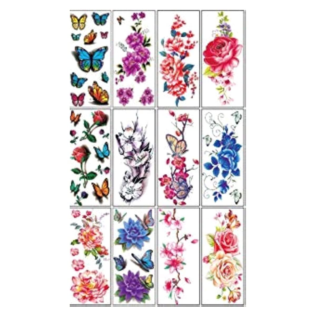 Flower Temporary Tattoos for Women Adults 3D Butterfly Rose Tattoo Sexy Fake Tattoo Stickers Waterproof Body Art Temp Tattoo Paper Colored Floral Lily Lotus Peony Festival Makeup Tattoo 12 Sheets