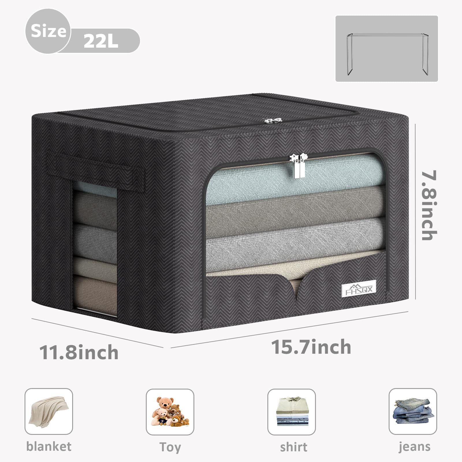 3 Pack Clothes Storage Organizer Bins - Foldable Metal Frame Storage Box Stackable Container Organizer Set with Carrying Handles and Clear Window (Small-22L-15.7x11.8x7.8inch, Black)