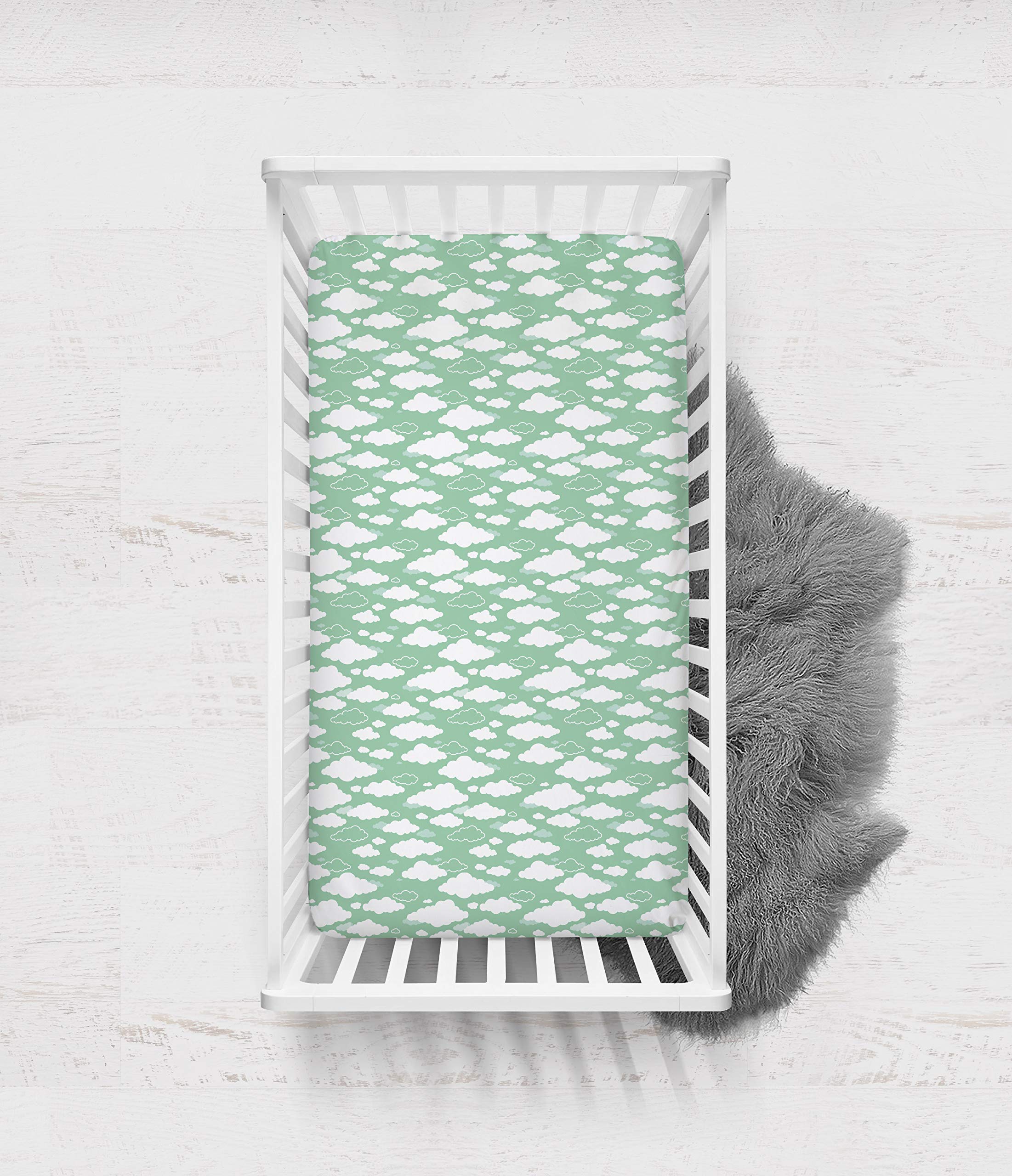 Bacati Clouds in The City Mint Clouds 2 Pack 100% Cotton Universal Baby US Standard Crib or Toddler Bed Fitted Sheets, White/Mint