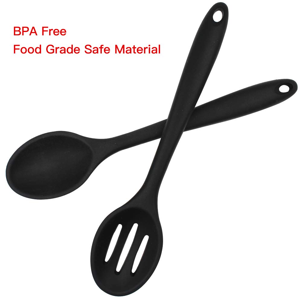 2 Pieces Silicone Nonstick Mixing Spoons, BPA Free and Food Grade Serving Cooking Spoon, High Heat Resistant to 480°F, Hygienic Design Slotted and Solid Spoons for Mixing and Serving