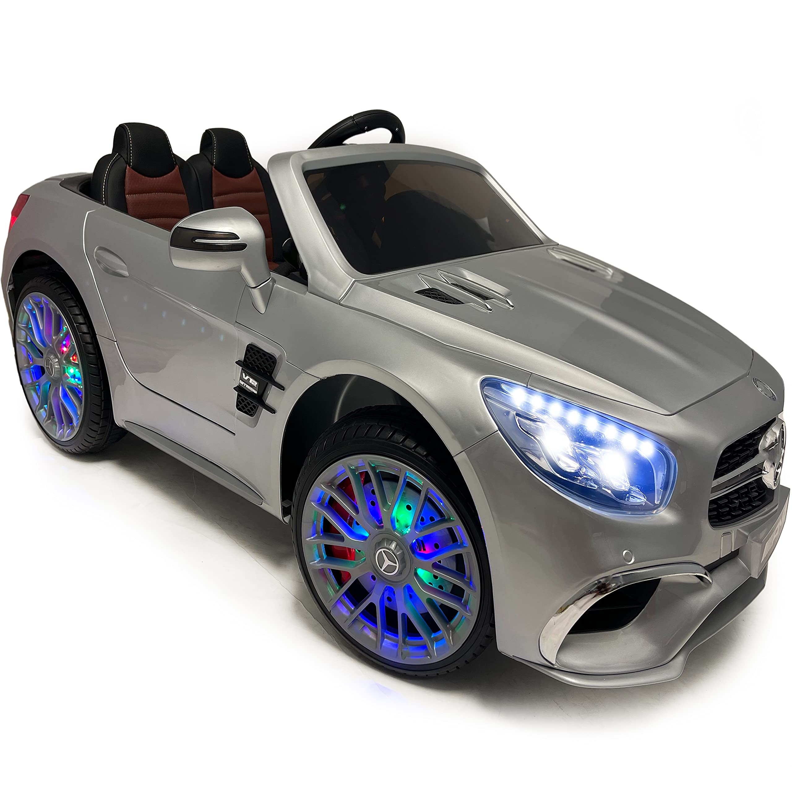 Americas Toys Kids Car with Remote Control, Mp4 Touch Screen, LED Wheels, Leather Seat â Electric Car for Kid to Drive, Open Trunk, Pull Handle, Compatible with Mercedes Benz Painted Silver