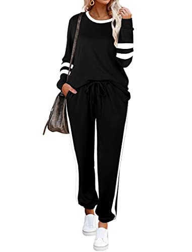 Aloodor Womens Loungewear Set Fall Tracksuit Elasticized Waistband Pants Workout Sets Black L