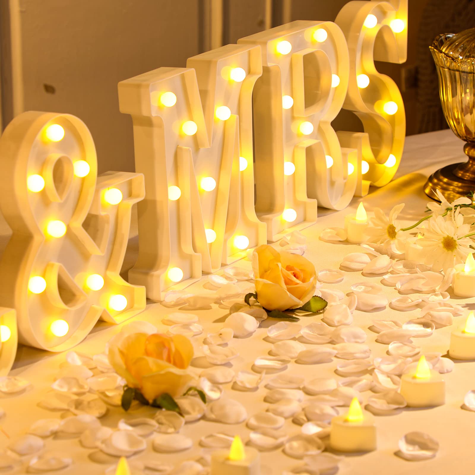 6 Pcs Mr and Mrs LED Sign 12 Pcs Flameless LED Candles 300 Pcs Artificial Rose Petals Neon Mr and Mrs Sign for Wedding Table Heart Romantic Candles Light up Letters for Romantic Night Decor (White)